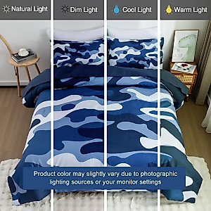 Holawakaka Twin Size Camouflage Bedding Comforter Set with Sheets, Boys Girls Men Camo Bed in A Bag 5 Pieces, Kids Teens Dorm Bed Sets Neutral Farmhouse Lodge Cabin Army Bedspread (Blue, Twin)