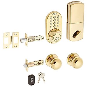 MiLocks XFK-02P Digital Deadbolt Door Lock and Passage Knob Combo with Keyless Entry via Remote Control and Keypad Code for Exterior Doors, Polished Brass