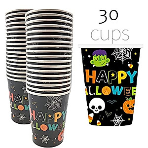 Serves 30 Complete Party Pack Cute Halloween Monsters and Ghosts 9" Dinner Paper Plates 7" Dessert Paper Plates 9 oz Cups 3 Ply Napkins 2 Table Cover Halloween Banner Halloween Party Decorations Halloween Party Supplies