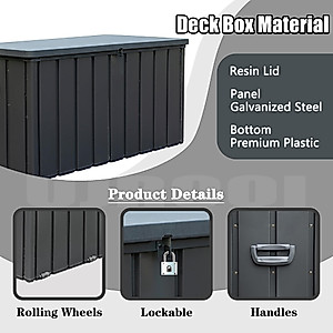 UJROQI 100 Gallon Deck Box Outside Storage Box, Lockable Storage Deck Boxes Waterproof Large Metal&Resin Deck Box with Rollers for Garden Tools Patio Cushions and Pool Supplies, Dark Grey