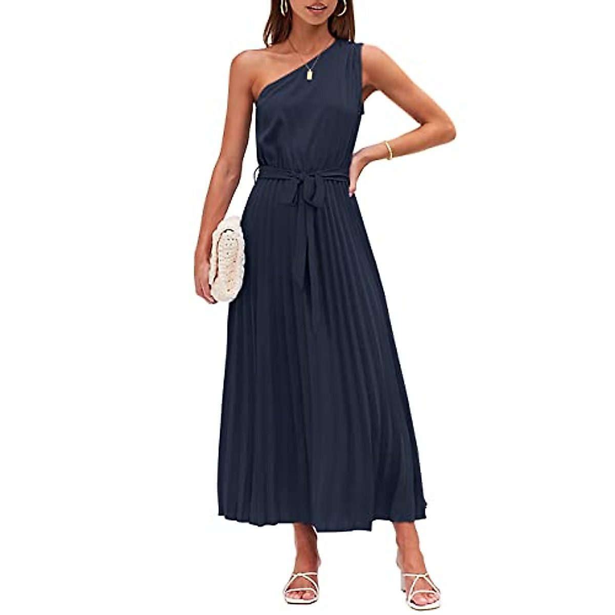 MEROKEETY Womens Sleeveless One Shoulder Pleated Belted Elastic High Waist Formal Midi Maxi Dress,Navy,M