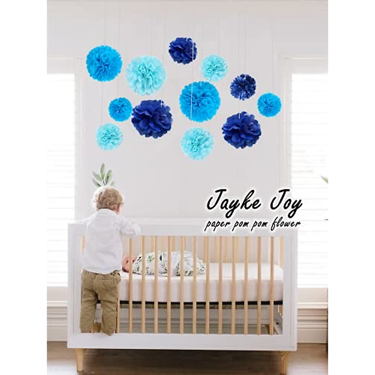 12 Pcs Tissue Pom Poms Kit, Tissue Paper Flowers for Birthday, Boy Baby Shower, Nursery, Graduation, Bachelorette Party Decoration (Blue Mix)