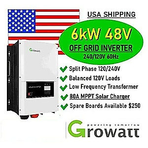 ixaer Wave Power Inverter Growatt 48V 6kW 120/240V Split Phase Solar Inverter Built-in 80A MPPT Solar Charge Controller