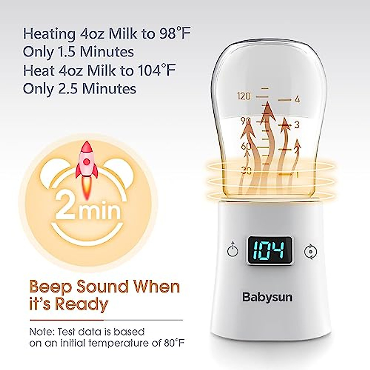 Portable Bottle Warmer BabySun Baby Bottle Warmer Quick Heating in 2 Minutes Rechargeable Travel Bottle Warmer for Breastmilk and Formula, Compatible with Most Bottles