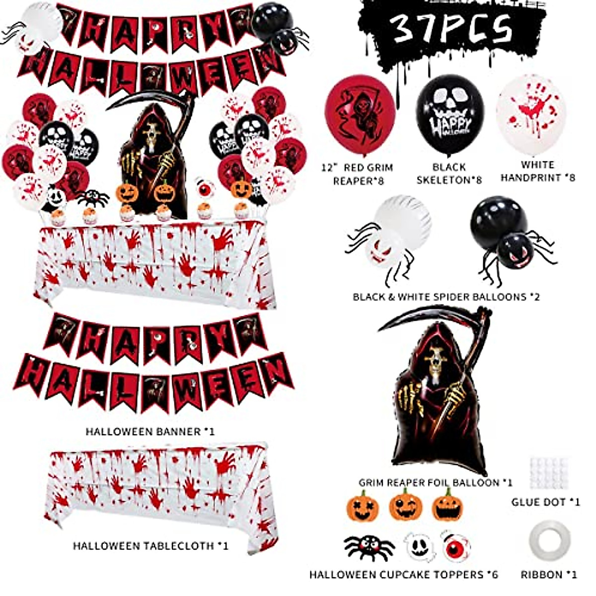 Halloween Decorations Spooky Halloween Decorations Party Supplies Includes Spider Scary Grim Reaper Balloons Bloody Happy Halloween Banner Backdrop for Indoor Outdoor Wall Window Party Decor, White