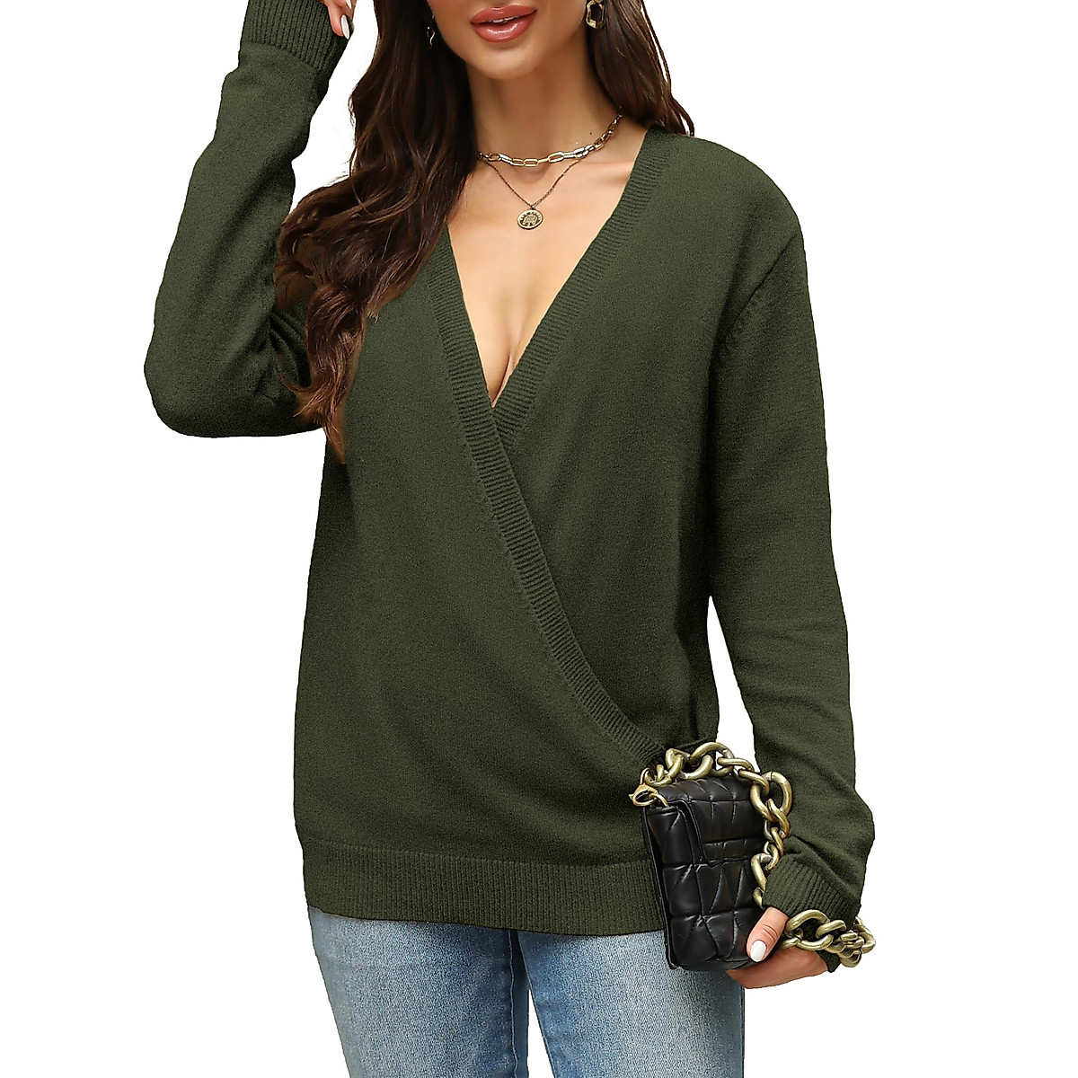 softome Womens Knitted Deep V-Neck Long Sleeve Wrap Front Loose Sweater Pullover Jumper Tops
