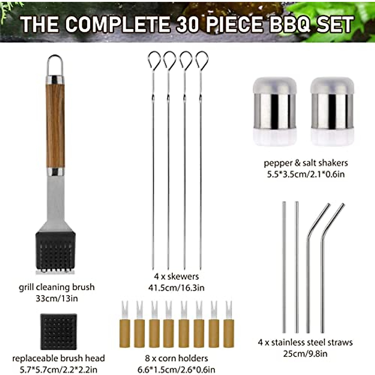 SixSun 30PCS BBQ Grill Tools Set Wooden Handle Stainless Steel Grilling Accessories with Spatula, Tongs, Skewers for Barbecue, Camping, Kitchen, Complete Premium Grill Utensils Set - Brown