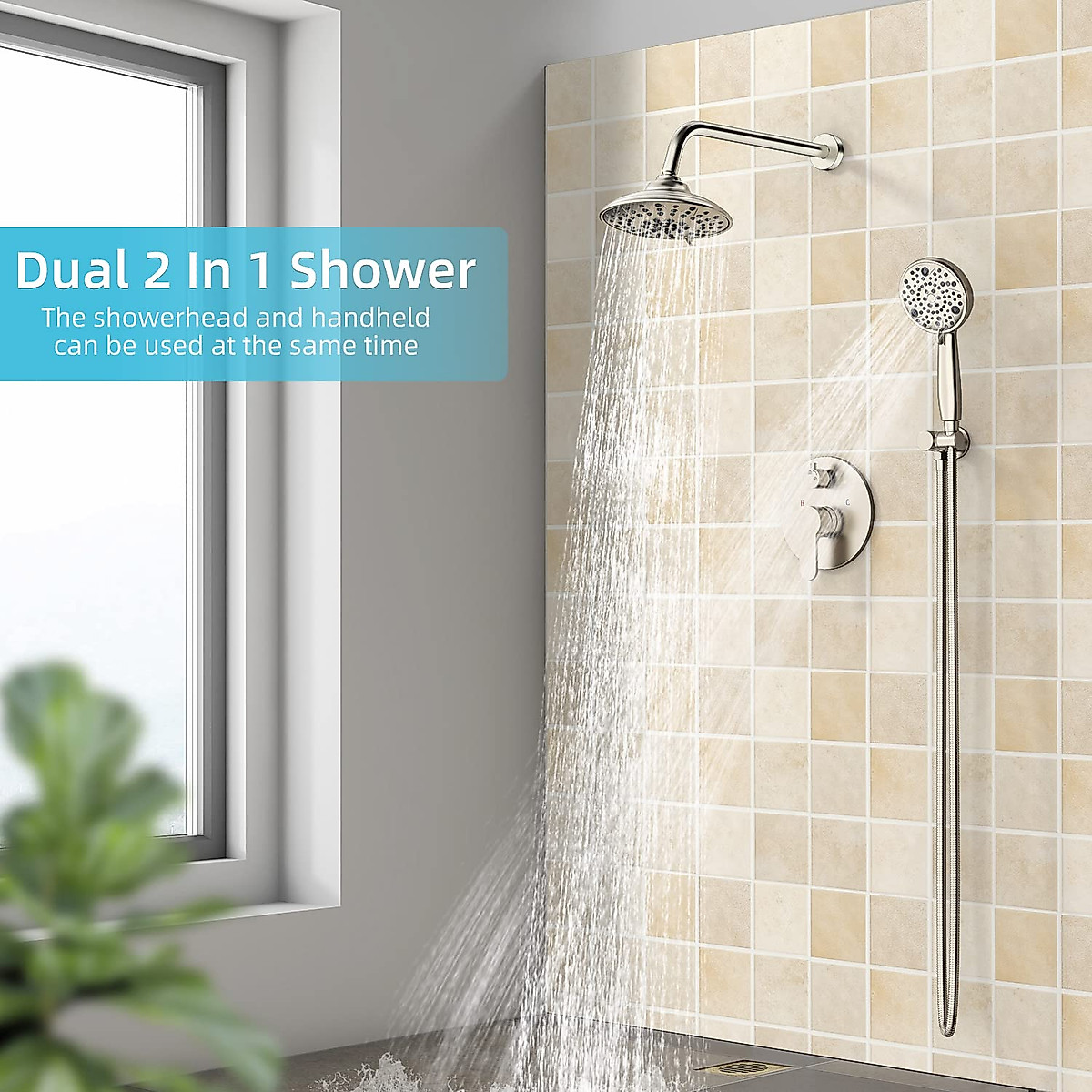 EMBATHER Shower Faucets Sets Complete, with 3 Setting High Pressure Shower Head Combo, Bathroom Wall Mounted Rainfall Shower System Fixtures with 8-Mode Handheld Spray, Brushed Nickel