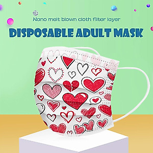 Wtosuhe 50PC Adults Valentines Day Disposable FaceMasks with Pink Black Love Heart Designs, 3-Ply Holiday_ Mask with Nose Wire for Women Men