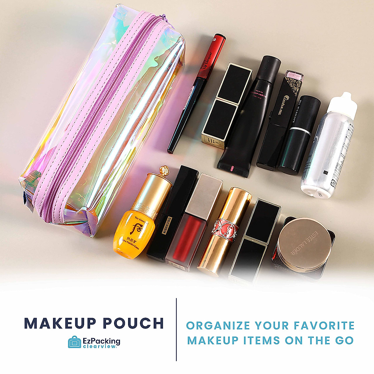 EzPacking Holographic Clear Makeup Pouch/Cute Iridescent Cosmetic Organizer/Sparkly Glittery Women’s Toiletries Holder/Transparent Ladies Zipper Bag for Purse or Tote (Lilac)