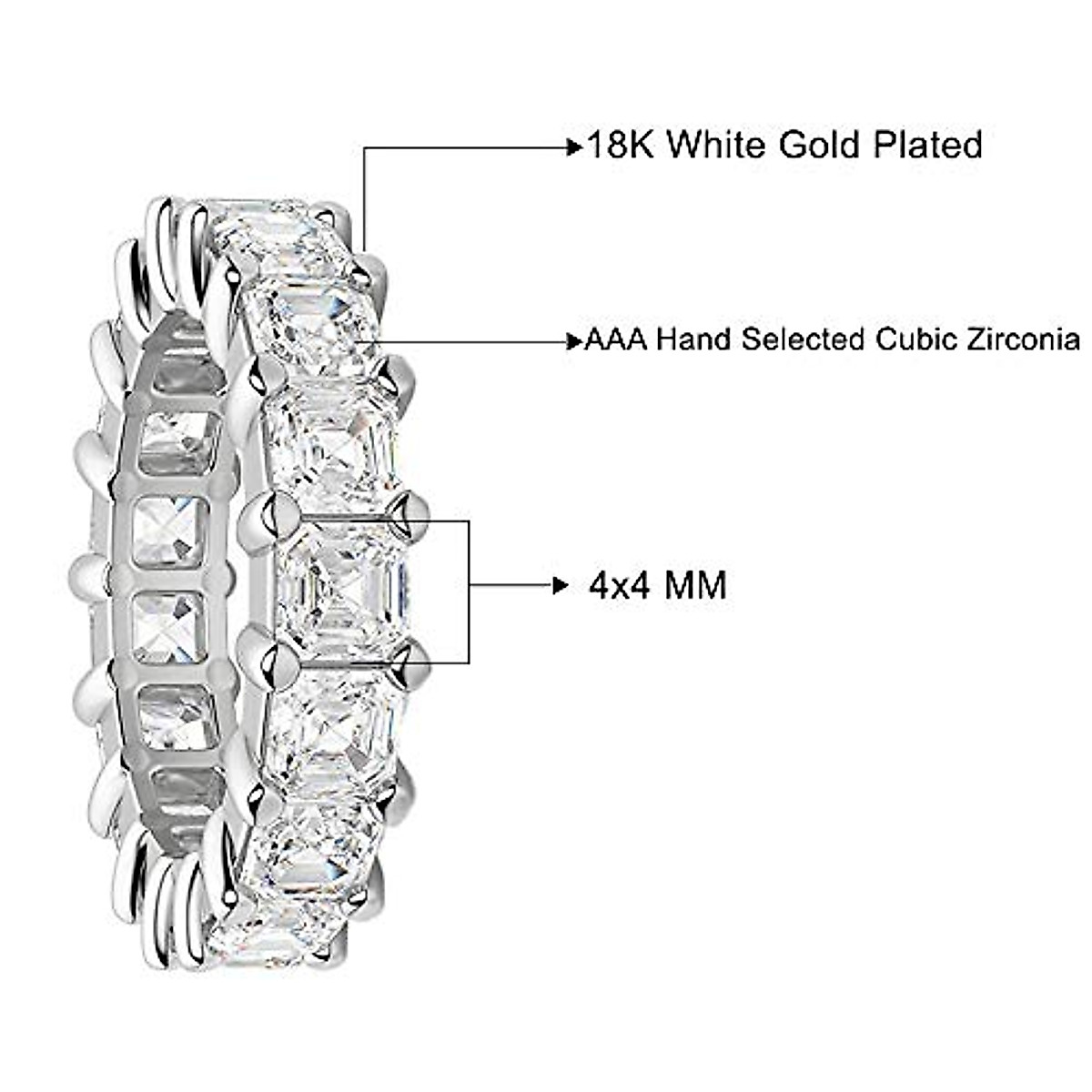 Savlano 18K White Gold Plated Cubic Zirconia 4x4MM Square Princess Cut Eternity Ring Band for Women Men (7)