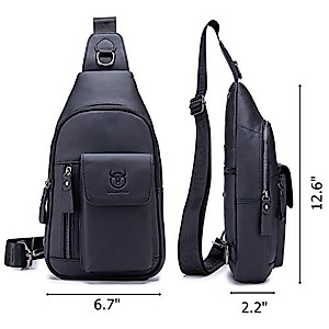 BULLCAPTAIN Genuine Leather Men Sling Bag Travel Crossbody Chest Bag Large Capacity Casual Hiking Daypack (Black)