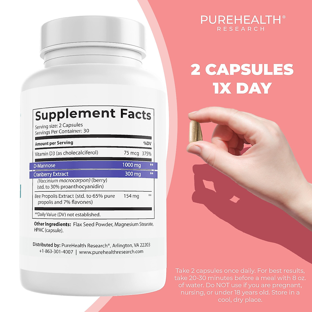 PUREHEALTH RESEARCH UTIFIX D Mannose with Cranberry Long-Term Supplement - D-Mannose for UTI 1000mg Capsules + 300mg Cranberry Extract + Propolis for Urinary Tract Health for Women and Men, 60 Count