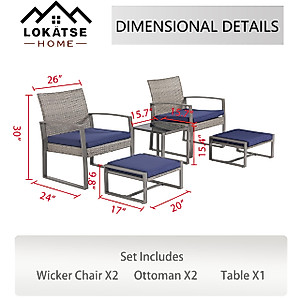 LOKATSE HOME Patio Conversation Bistro Set 5 Pieces Outdoor PE Wicker Rattan Sofa All Weather Furniture Cushioned Chairs and Ottomans with Tempered Glass Coffee Table for Backyard, Garden, Porch