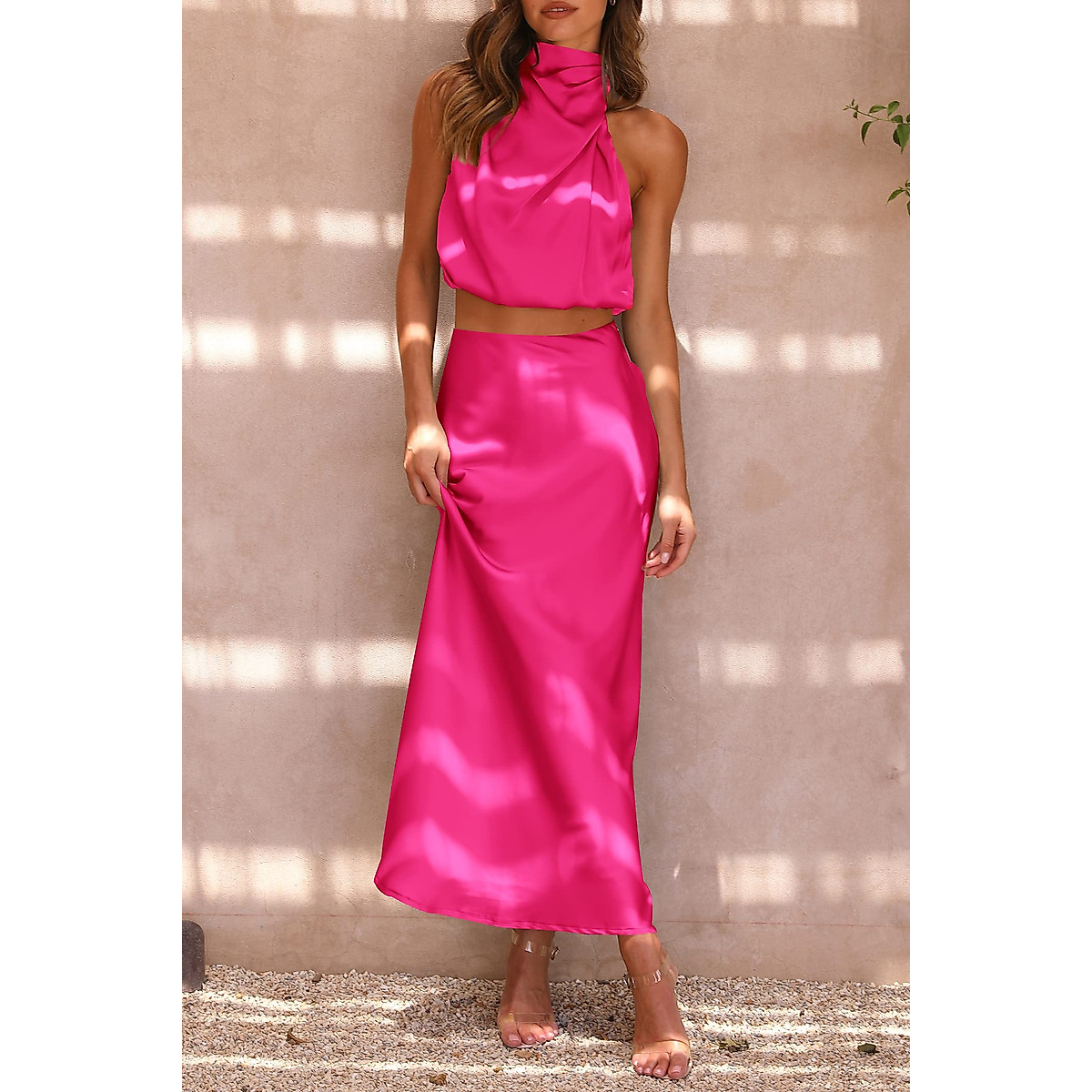 PRETTYGARDEN Women's 2 Piece Satin Outfits Summer Sleeveless Mock Neck Crop Tops and Long Skirt Dress Sets (Rose Red,Small)