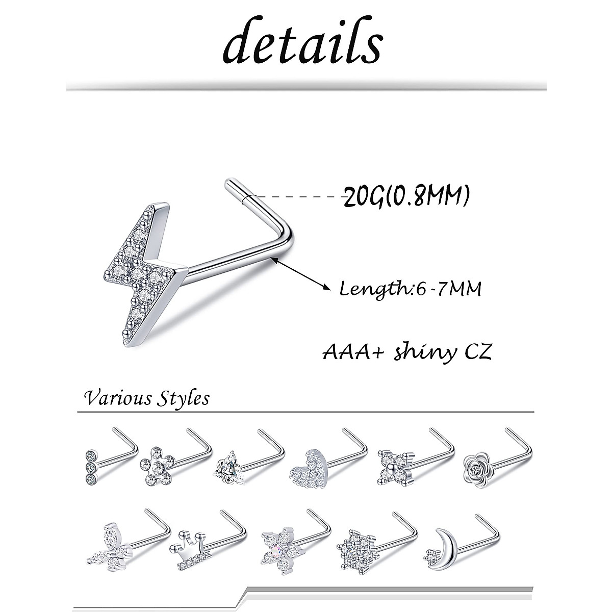 Akeoqi 12Pcs Nose Stud L Shape Nose Rings Cubic Zirconia Butterfly Flower Eye Moon Heart Crown Lightning Piercing Jewelry for Women Men 20G Silver Tone