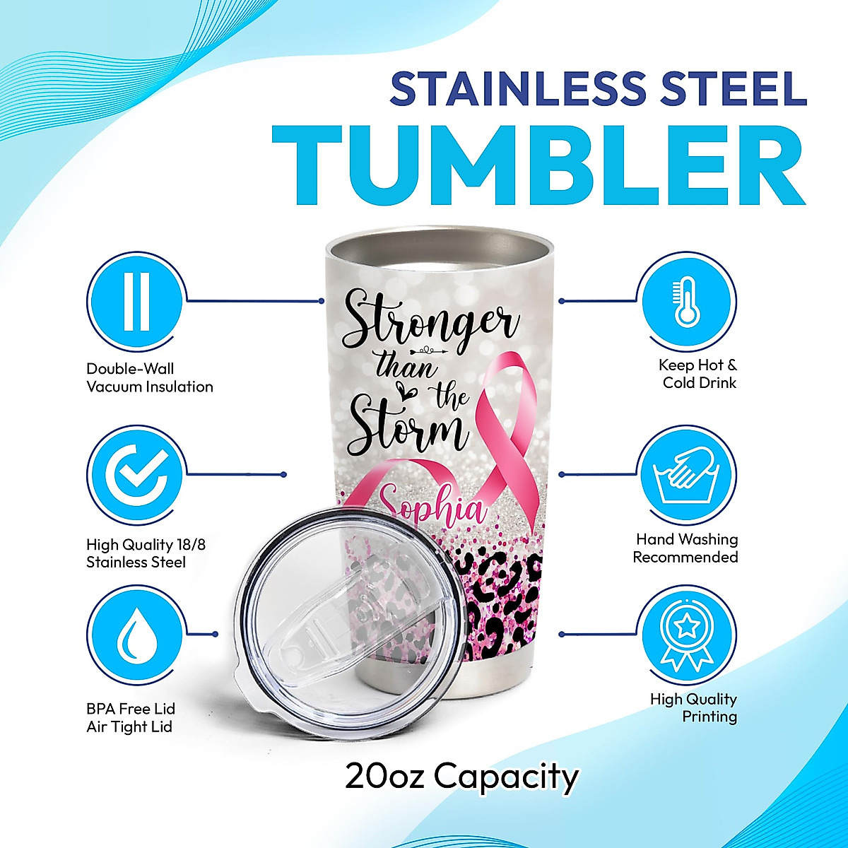Hyturtle Personalized Printed Breast Cancer Awareness Tumbler Gifts for Women - Birthday Christmas Gifts For Breast Cancer Survivors Warriors - Custom Name 20oz Stainless Steel Travel Tumbler