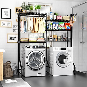 Golpart Over Washer and Dryer Shelves,Heavy Duty Laundry Room Storage Organization Clothes Drying Rack,5 Tier Adjustable Height Wire Shelving and Wire Basket with Hanger Rod&Hook,Space Saving Shelf