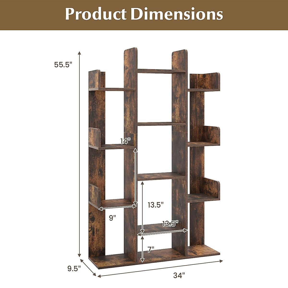 Tangkula Freestanding Tree Bookshelf, Corner Storage Organizer with 13 Open Shelves, Decorative Display Cube Shelf for Living Room, Study, Office, 34 x 9.5 x 55.5 Inch (1, Rustic Brown)