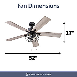 Prominence Home Marshall, 52 Inch Industrial Style LED Ceiling Fan with Light, Pull Chain, Three Mounting Options, Dual Finish Blades, Reversible Motor - Model 51457-01 (Matte Black)