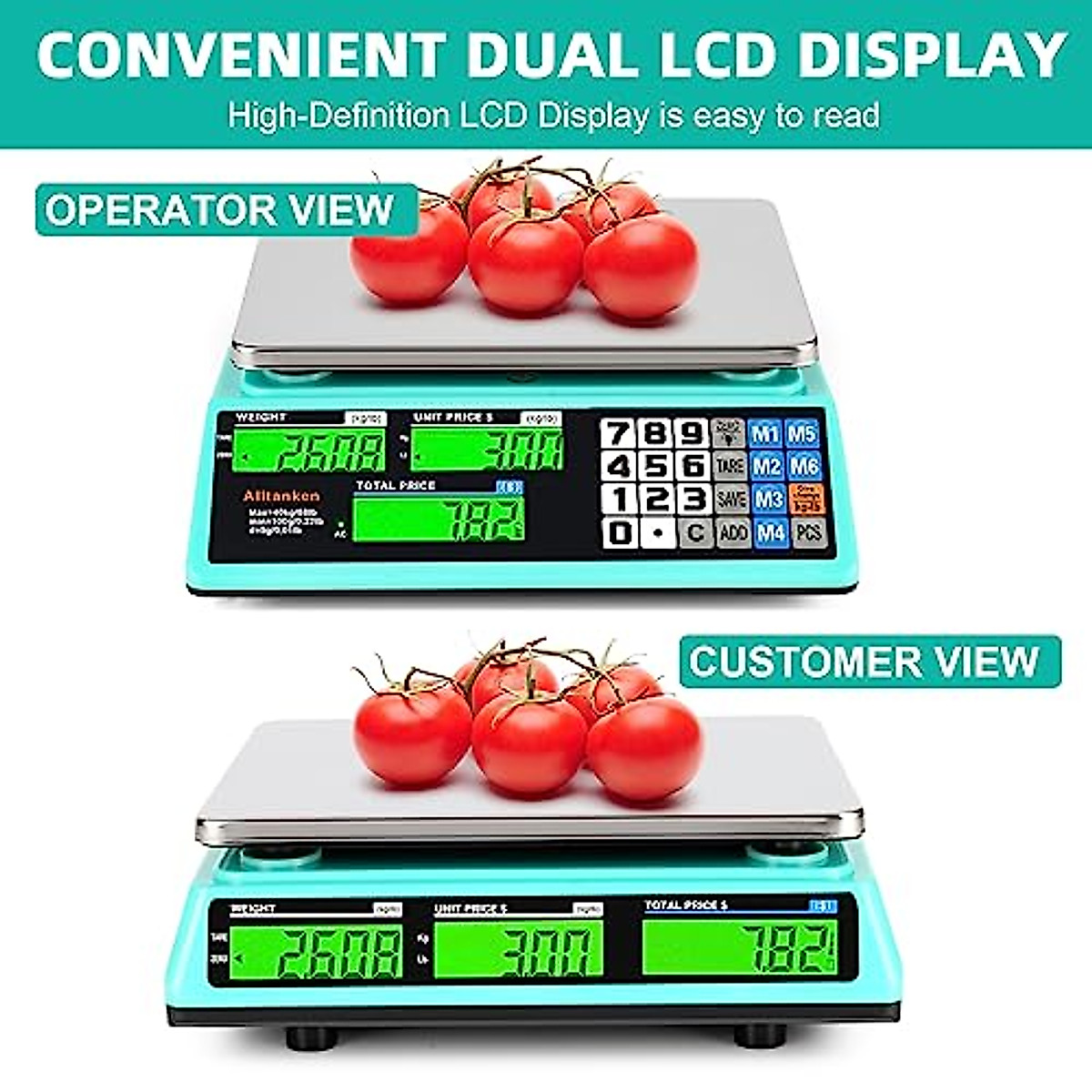 Price Computing Scale 88lb/40kg Commercial Food Scale for Produce Meat Weighing with with Price Calculator, Accurate Counting and Dual LCD Display for Farmers' Markets Retail Deli Meat Shops