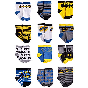 DC Comics Baby Boys/Girls 12 Pack Socks: Batman, Wonder Woman, Superman, Justice League, Super Girl, Size Age 6-12M, Blue/Yellow/Black Batman