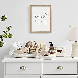 Sweet Jojo Designs Tan Brown Western Cowboy Boy Woven Storage Basket Set 3pc Cotton Rope Diaper Caddy Bins Baby Nursery Shelf Kids Closet Drawer Organizer Liner Wild West Southern Country South Horse