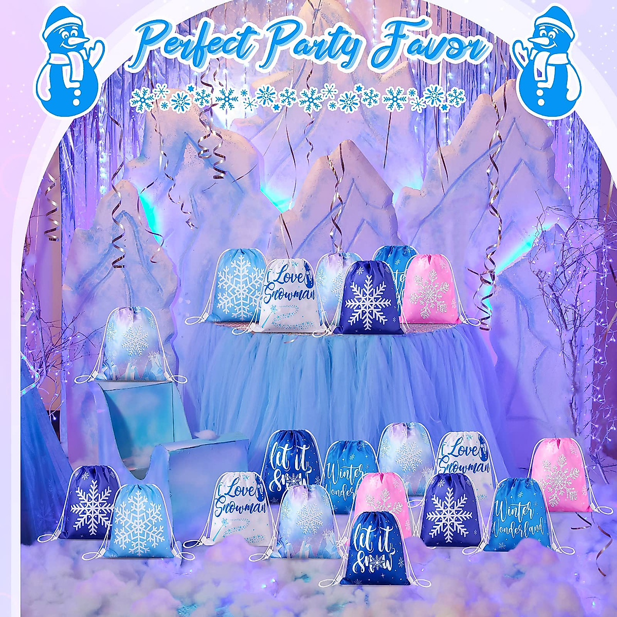CHENGU Frozen Party Favors Bags for Winter Snowflake Kids Birthday Favor Drawstring Goodies Bags Winter Wonderland Gift Candy Bag for Boys Girls Winter Themed Baby Shower Party Supplies (28 Pack)