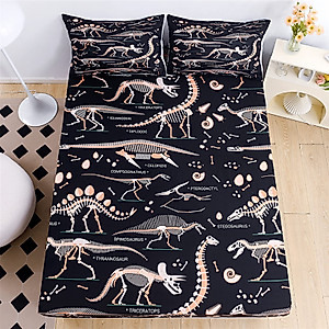 URLINENS Dinosaur Fitted Sheet Twin Size, Jurassic Evolution Dino Bones Bedding Set 2 Piece 1 Fitted Sheet and 1 Pillowcase, Wildlife Dinosaur Sheet Set for Kids Boys Girls Teens Fun Bed Sheet