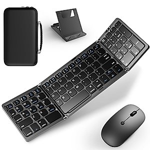 Rimyet Foldable Keyboard and Mouse Combo, Portable Travel Keyboard with Numeric Keypad, Bluetooth, Rechargeable, Compatible with Laptop, Tablet, iPad, Sync Up to 3 Devices, Hard Carrying Case