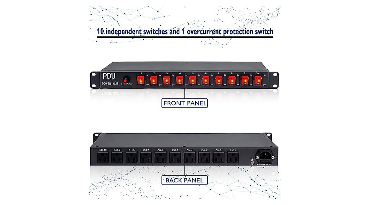 10 Outlet Horizontal Rack Mount PDU Power Strip - Surge Protection