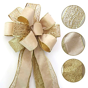 Christmas Tree Topper Bow, 43x13 Inches Large Toppers Bows for Christmas Tree, Glitter Satin Mesh Streamer and Wired Edge, Xmas Ornament Treetop Hanging Decorations & Gift