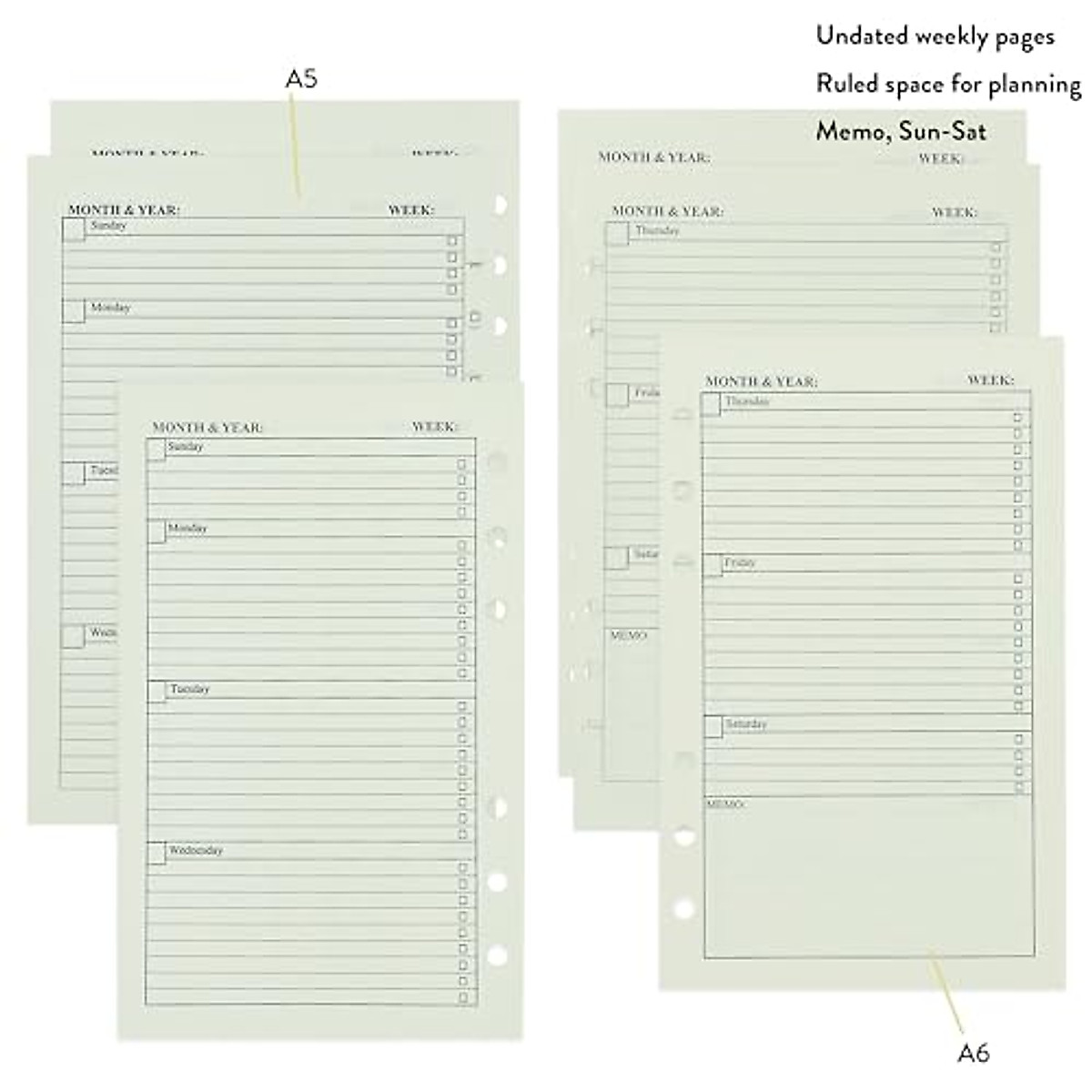 90+54+14 A5 Refill Paper with Undated Monthly Weekly Calendar Planner Inserts, A5 6 Ring Loose Leaf Paper Filler Paper Refillable Lined Paper Refill for 6 Ring Binder Planner Journal Agenda Notebook