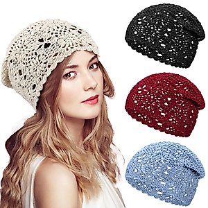4 Pcs Crochet Slouchy Beanie Hat Fall Handmade Knit Floral Skull Cap Cotton Cutout Summer Hats for Women Lightweight Knitted (Black, Beige, Wine Red, Blue)