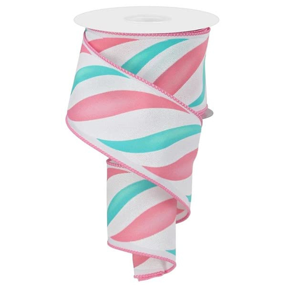 Craig Bachman Pink, White and Ice Blue Swirl Candy Stripe Wired Edge Ribbon 2.5" x10 Yards - Holiday Decorating Gingerbread Christmas Crafting Ribbon