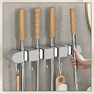 Multifunctional Mop Holder with Hook, 2024 New Punch Free Mop and Broom Holder Wall Mount Broom Rack, Broom Organizer Storage Tool Racks Heavy Duty Self Adhesive Mop Holder Wall Mounted (White)