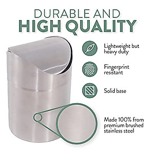 Estilo Mini Countertop Trash Can, Brushed Stainless Steel, Swing Top Lid Trash Bin 1.5 L / 0.40 Gallon, Silver Trash Can, Kitchen Countertop, Bedroom, Home Office, (EST0159)