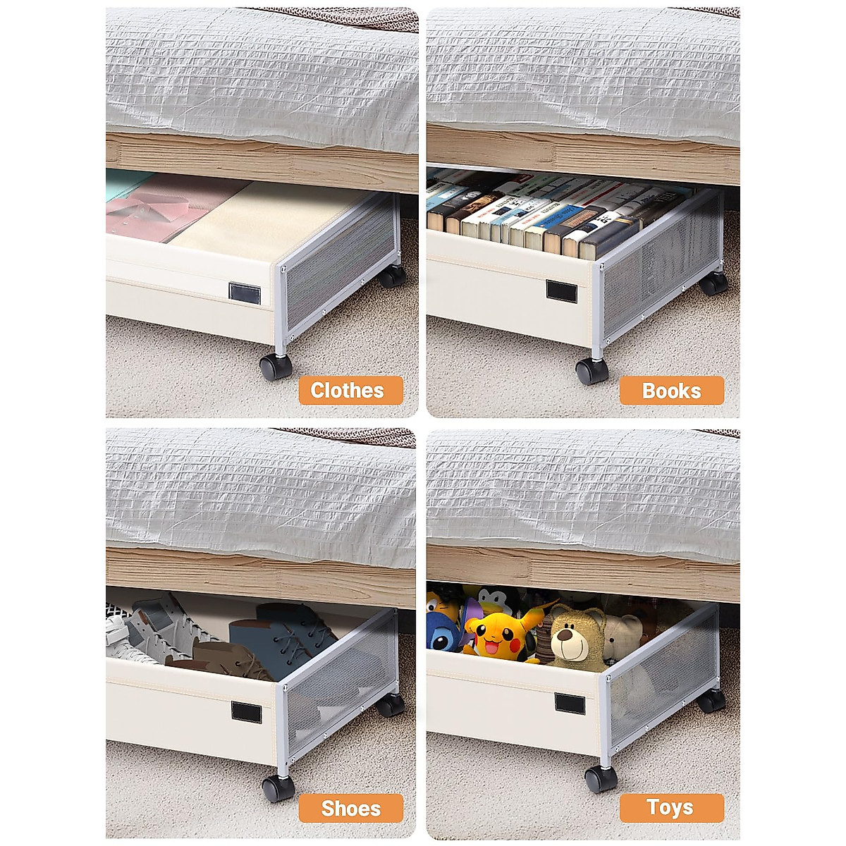 Fulpower Under Bed Storage, 2 Pack Under Bed Storage with Wheels, Large Under Bed Rolling Storage with Lid, Bedroom Storage Organizer for Clothes, Shoes,Toys, Books, Bedding, Blankets WHITE