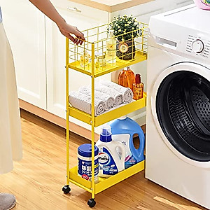 KINGRACK Slim Storage Cart,3-Tier Metal Utility Rolling Cart with Lockable Wheels, Storage Craft Art Cart Trolley Organizer Serving Cart for Bathroom, Living Room, Kids' Room, Classroom,Yellow