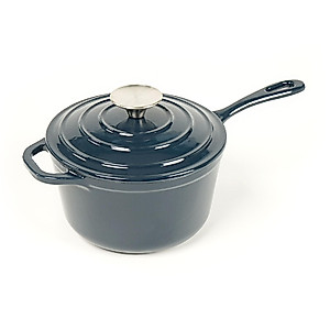 HAWOK Enameled Cast Iron Saucepan, 2QT Saucepan with Lid and Long Handle, Navy blue
