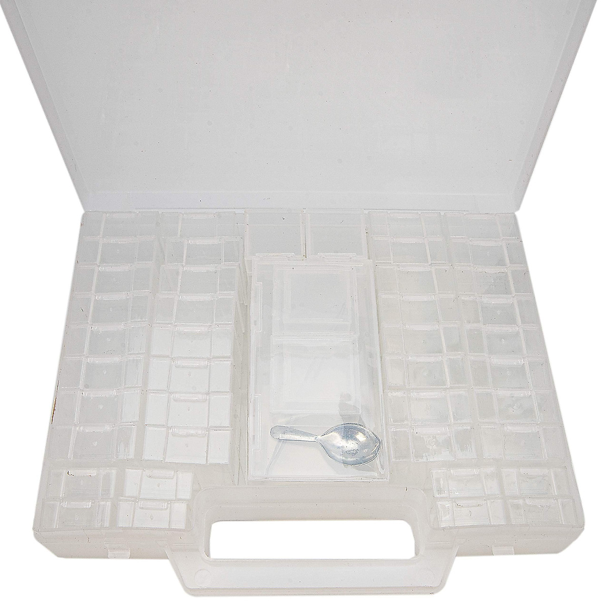 The Beadsmith Bead Organizer Carrying Case, 55 piece set, with removable compartments in assorted sizes, a carrying case, plus a bead scoop and tweezer.