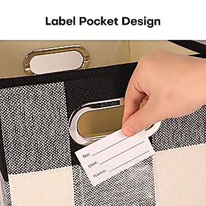 ANMINY 2PCS Storage Bins Set Cotton Linen Fabric Open Storage Basket Box Foldable Washable Rectangular Cube Organizer with Handles Label Window Pocket Thick PP Plastic Board - Medium, Black Plaid
