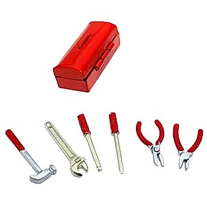 SXFSE Dollhouse Decoration Accessories, 1:12 Dollhouse Miniature Scene Model Work Tools Set with Toolbox 7 Pcs (Red Tools+Red Box, As Shown)