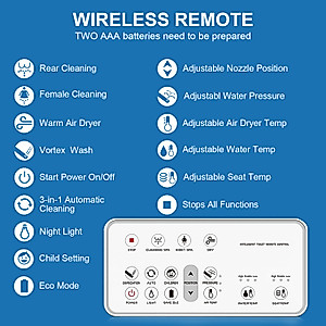Combier Square Electronic Bidet Toilet Seat, Smart, Self Cleaning Hydroflush, Hybrid Heating, Heated Dryer, Nightlight, Vortex Wash, remote control, CMA105S-S