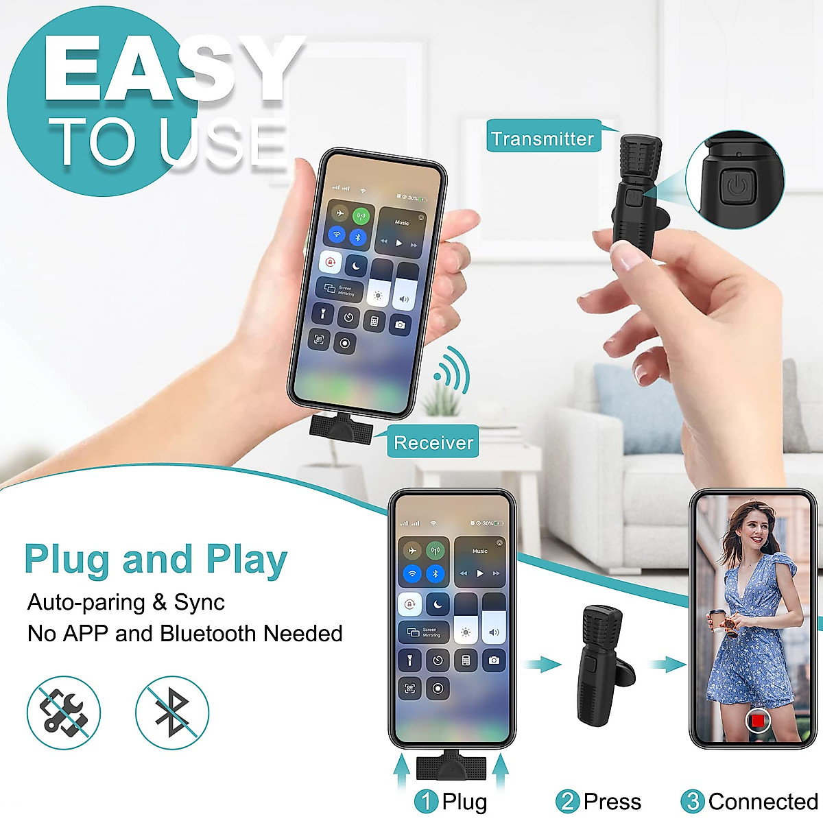 HUHD Wireless Lavalier Microphone Compatible with iPhone iPad Android Devices, Plug and Play Wireless Recording Microphone for TikTok Vlog YouTube, Noise Reduction, No App or Bluetooth Needed