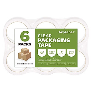 Anylabel Clear Packing Tape, 1.88" x 54.6 Yards, 6 Rolls, 3" Core, for Moving, Sealing, Packaging, Shipping, Storage, Packaging Tape Refills for Dispenser