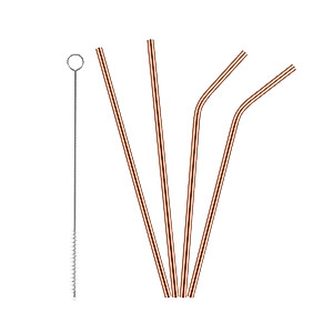 Copper Straws, Pure Copper Drinking Straws Gift Set Food Safe 8.5inch Long Handcrafts Bent and Straight Copper Straws with Cleaning Brush(2*Bent+2*Straight)