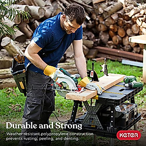 Keter - 197283 Folding Table Work Bench for Miter Saw Stand, Woodworking Tools and Accessories with Included 12 Inch Wood Clamps – Easy Garage Storage Black/Yellow