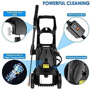 Electric Pressure Washer 1800W Power Washer with 5 Nozzles, Hose Reel, High Pressure Cleaner for Fences,Patios,Garden (Wisdom Grey)