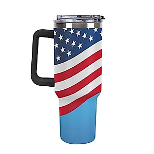 Water Bottle with Lid And Straw, Large Capacity Red Blue White American Flag 40 oz Travel Stainless Steel Cups, Handle Insulated Tumblers for Men, Women